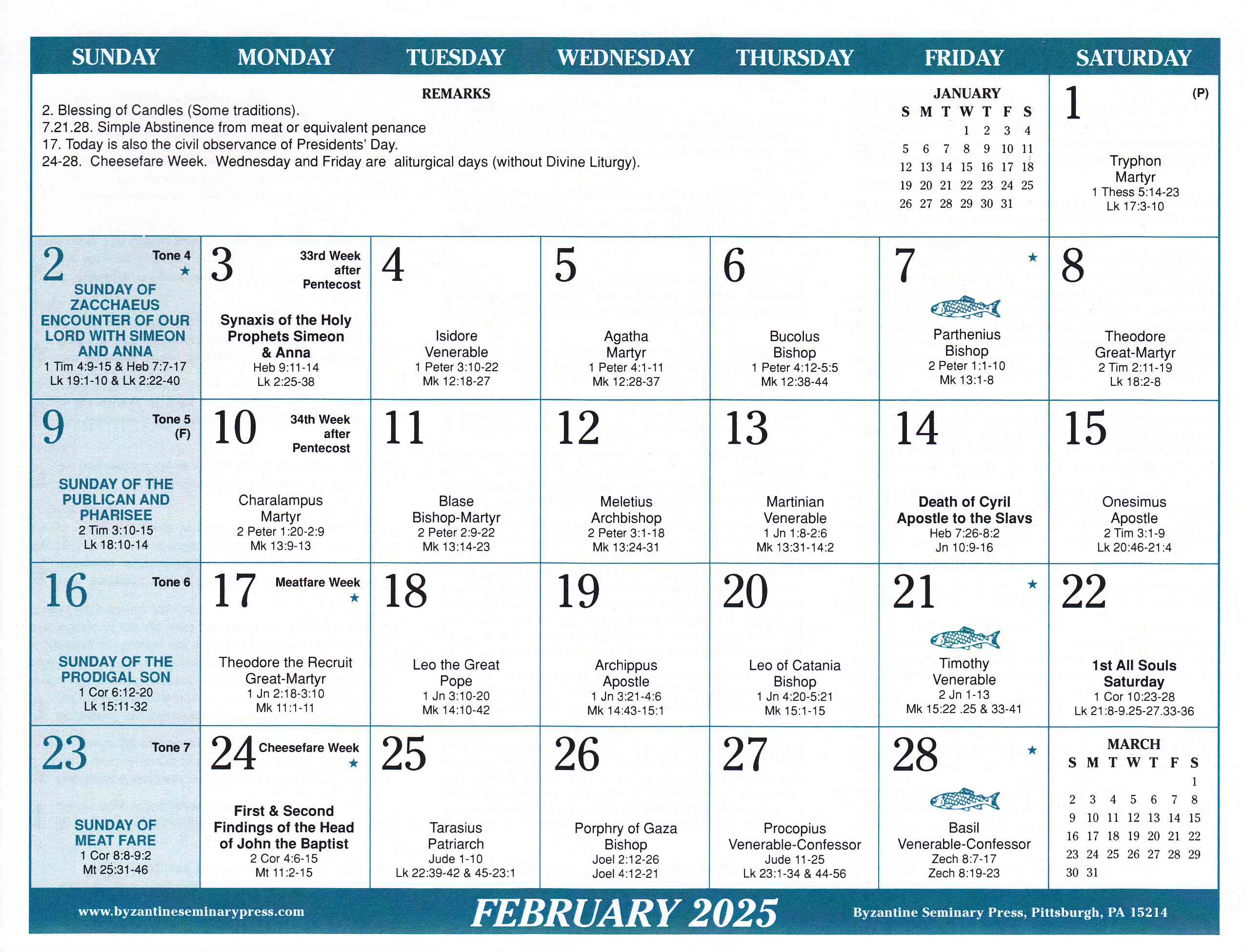 Liturgical Calendar - St. Emilian Church